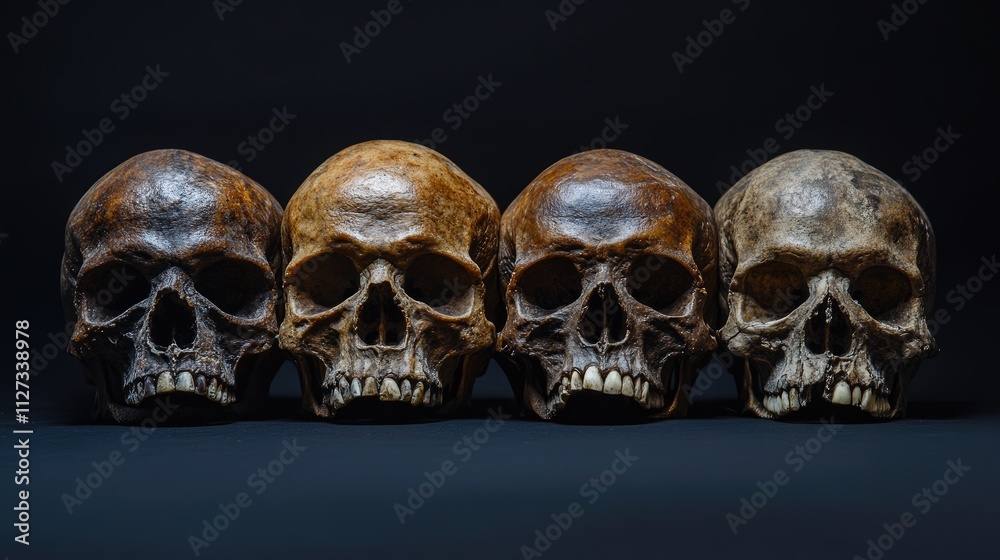 Poster Four human skulls in a row depicting the stages of human ...