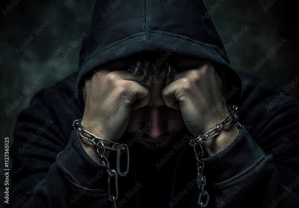 Man in chains shows despair in dark environment Stock Photo | Adobe Stock