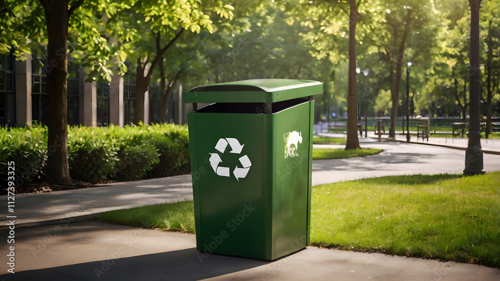 Green Recycling Bin in Park: A dark green recycling bin stands in a ...