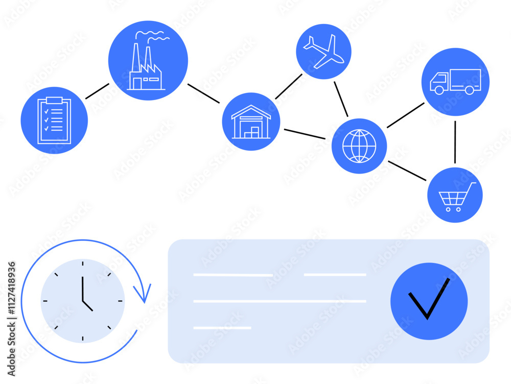 Supply chain process from manufacturing to delivery. Graphical elements ...