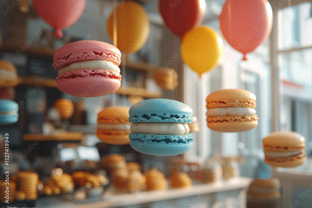 Delicious macarons hanging from colorful balloons in a pastry shop ...