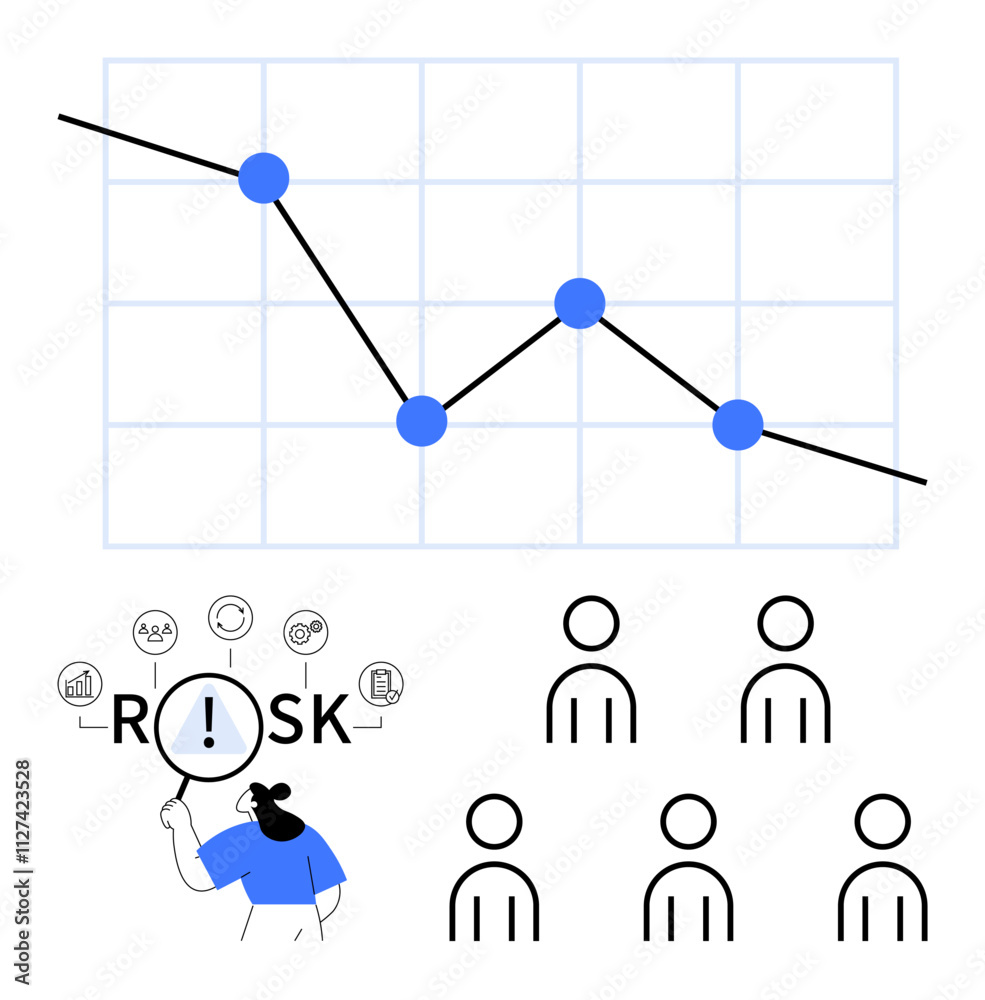 Downward trend line graph, people icons, person with magnifying glass ...