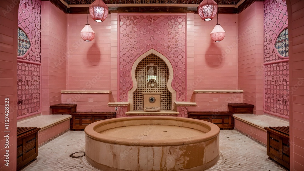 a traditional Moorish bath, with pink walls decorated with gold ...