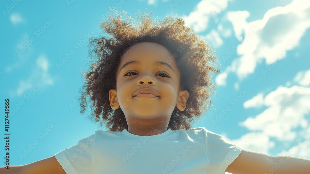 Young child with curly hair is smiling and looking up at the sky ...