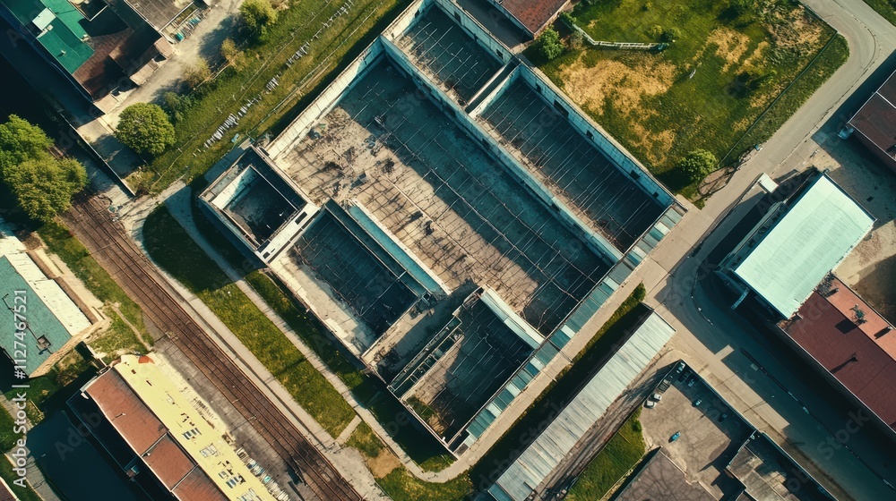 Aerial view of urban justice system architecture with prisons, police ...