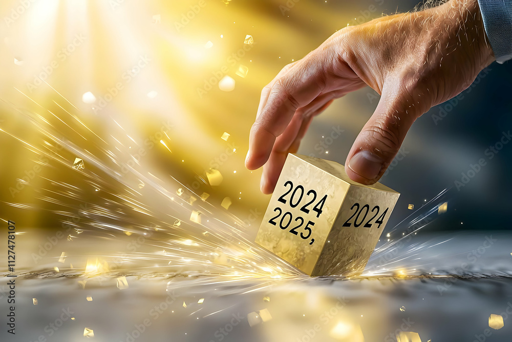 A hand transitions a cube from "2024" to "2025," set against a dynamic ...