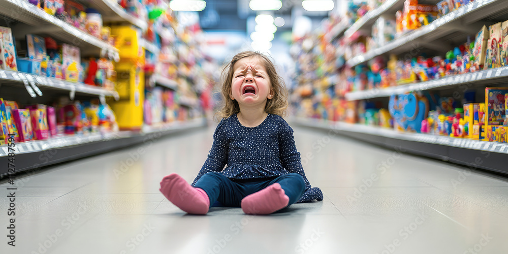Child girl sits on the floor in aisle of large toy store market and ...