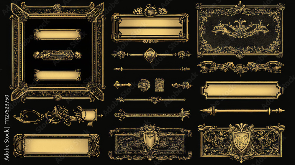 Golden game frames, medieval banners, buttons, ui menu elements ...