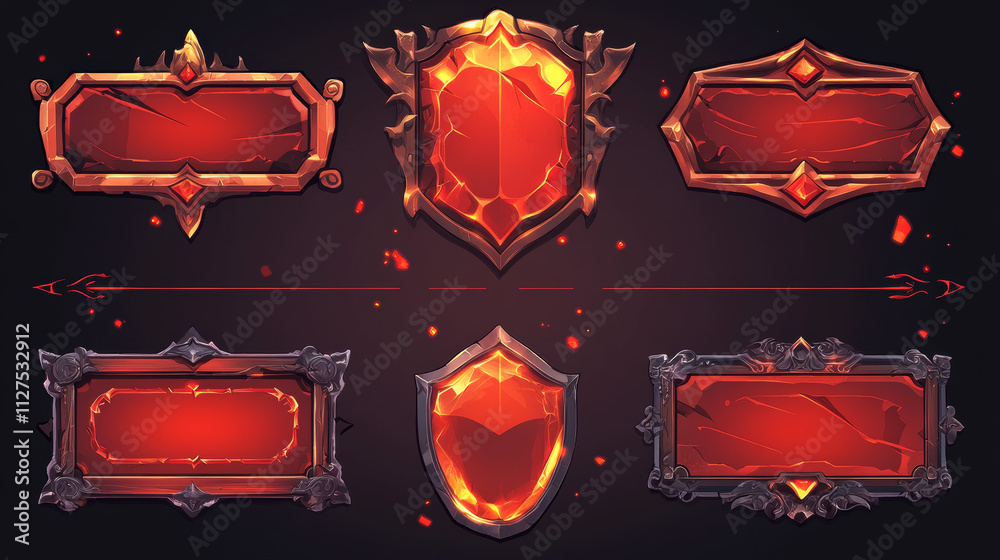 Game ui frames, red medieval menu interface elements, buttons or banners with ornate, rims and ...