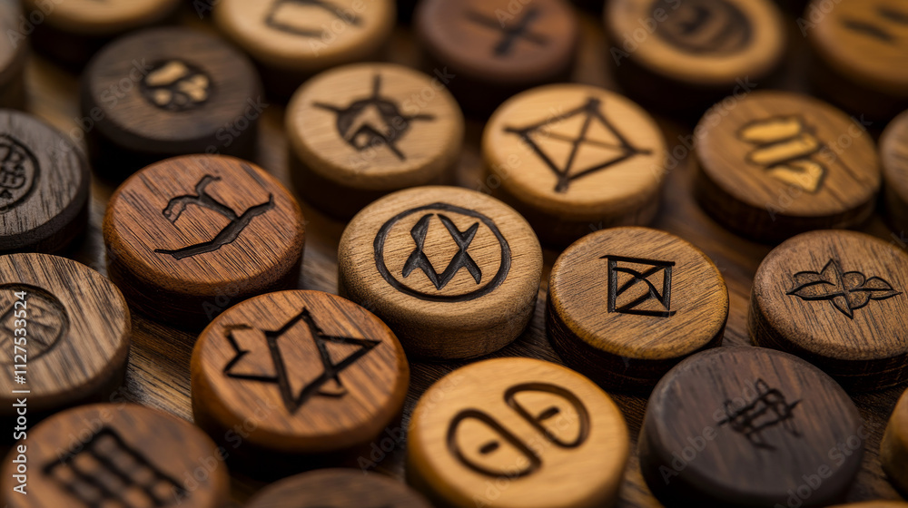 Wooden web buttons, round icons for game interface. Vector cartoon set ...