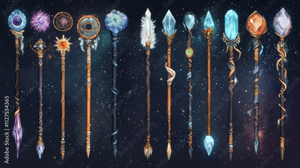 Cartoon set of magic power staffs isolated on background. Vector ...