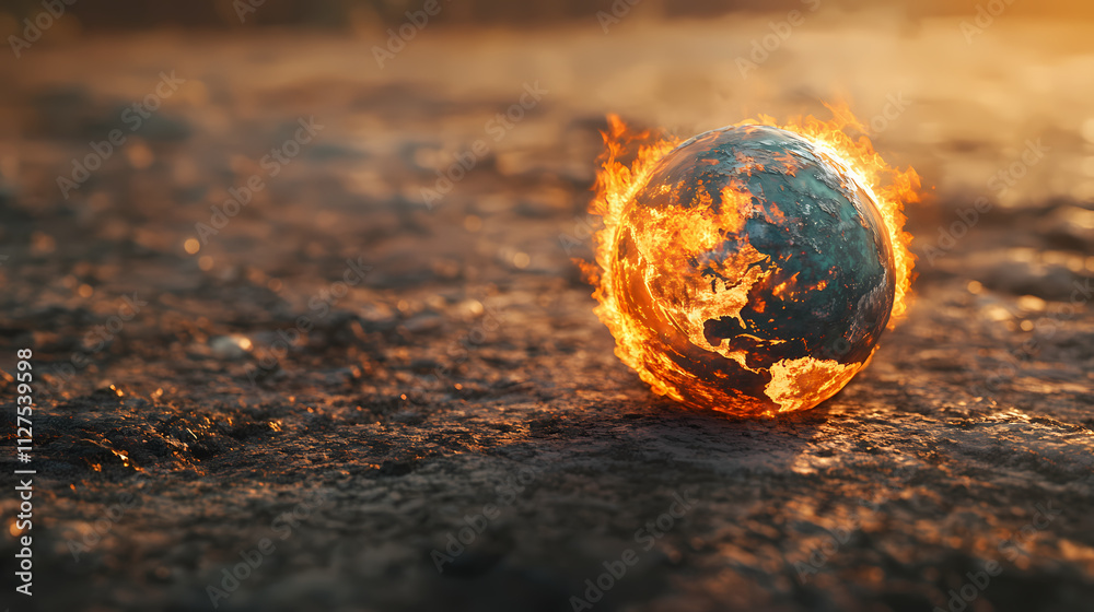 Burning earth: a fiery globe, engulfed in flames, rests on a barren ...