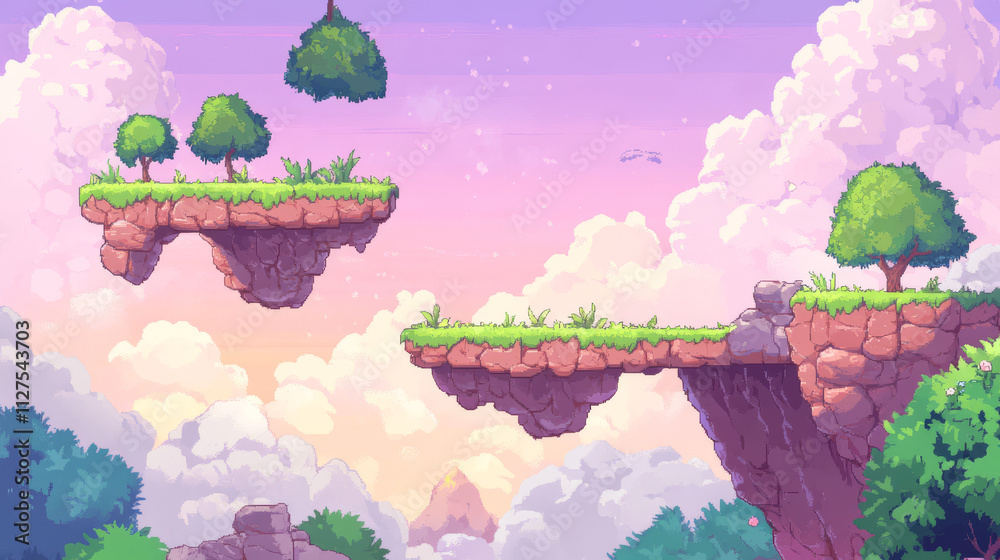 Land island floating in pink sky game vector illustration. Cartoon ...