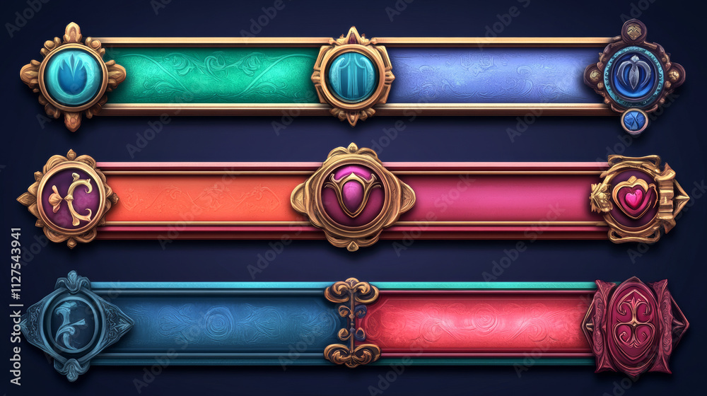Medieval game buttons, user interface menu elements. Oblong colorful ui banners with ornate rims ...
