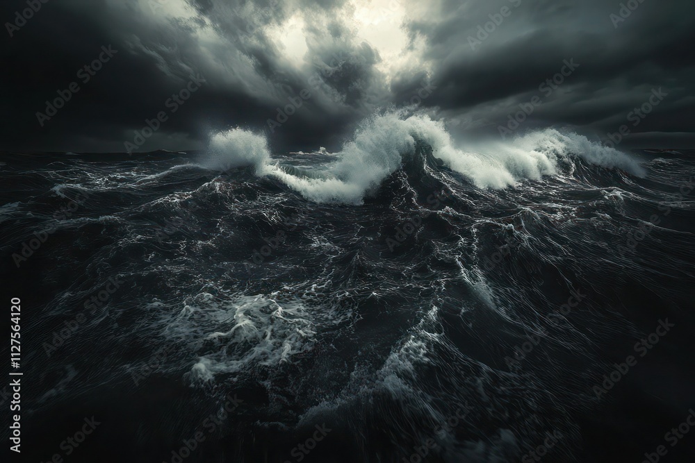 Dark sea under thick storm clouds, with waves crashing and spray rising ...
