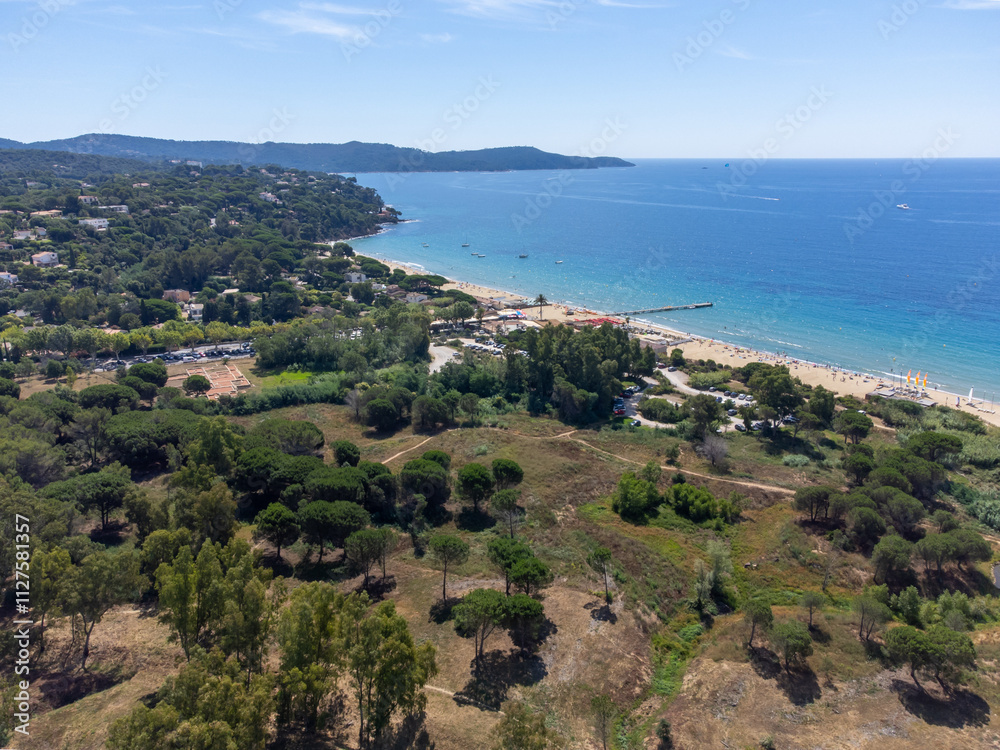 Aerial view on boats, crystal clear blue water of Plage du Debarquement ...