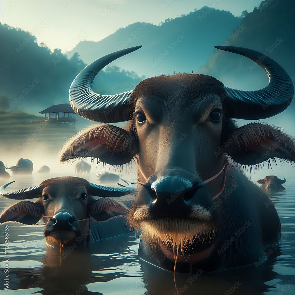 Asian water buffalo with large horns in the field. Buffalo with rope on ...