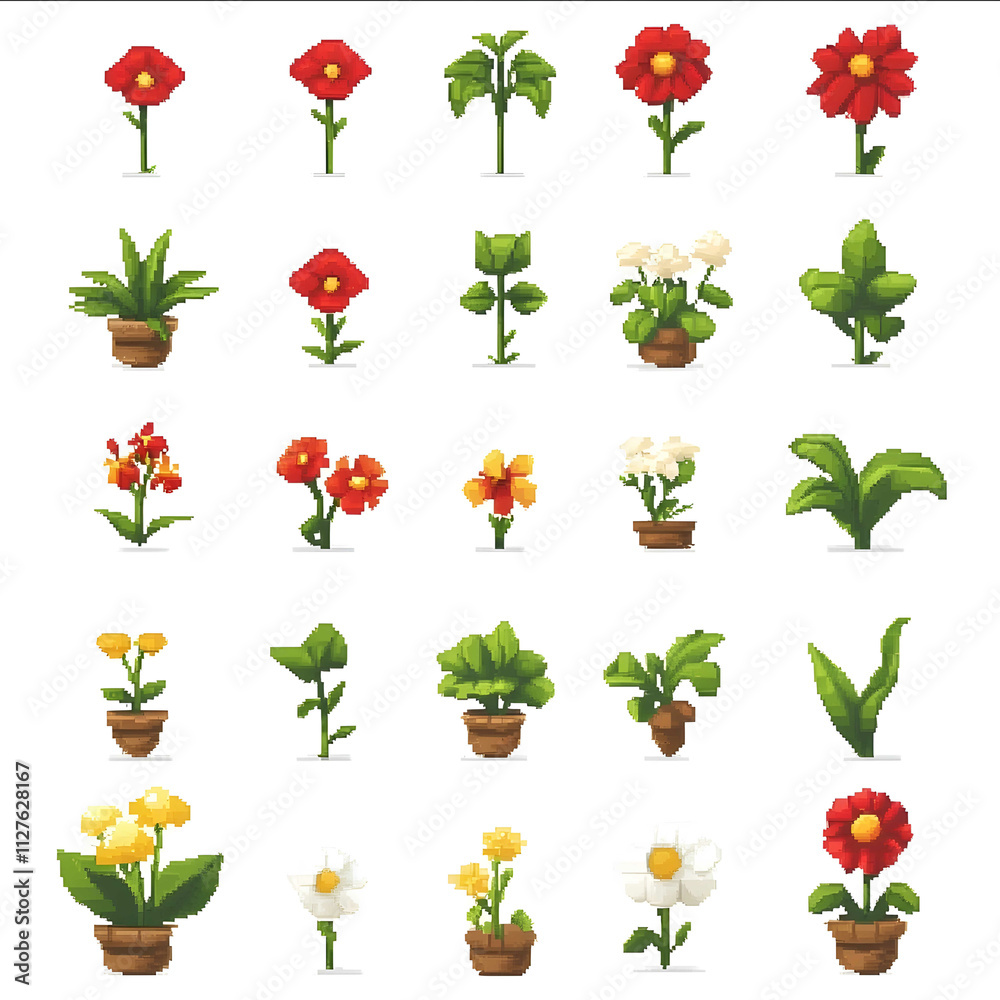 pixel 8bit flowers close up icons low resolution game sprite sheet ...