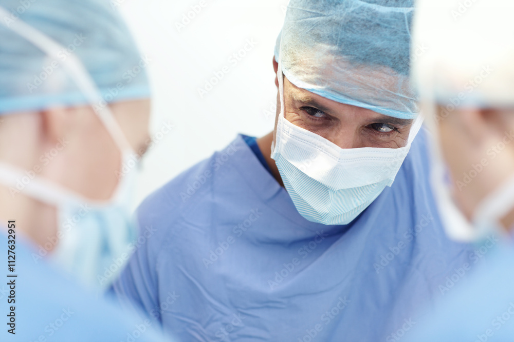 People, man or surgeons in operation for surgery, emergency accident or ...