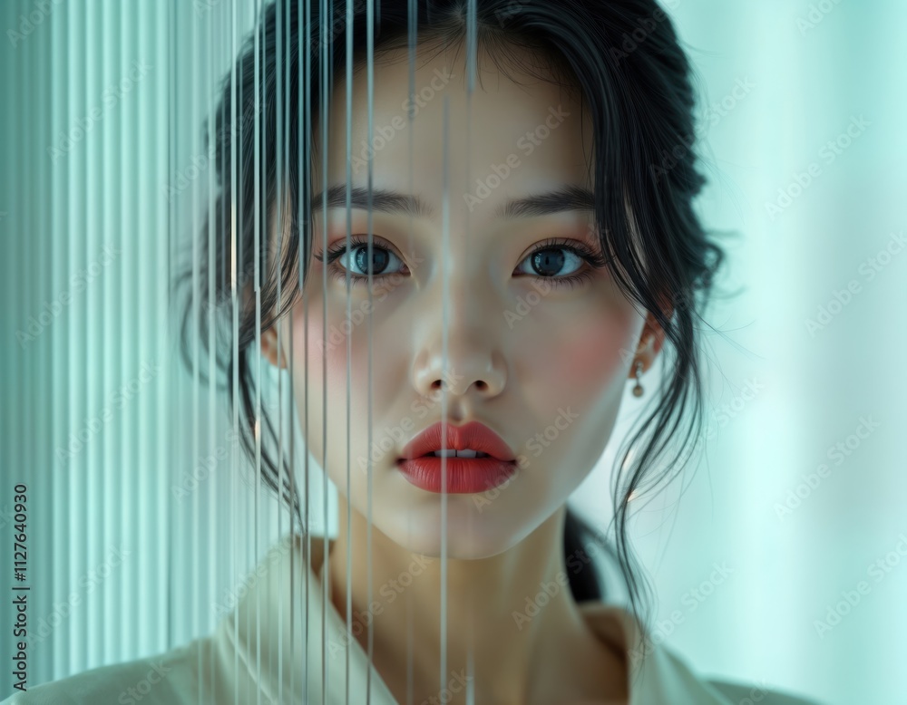 Asian woman with beautiful makeup, expressive eyes. Digital female face ...