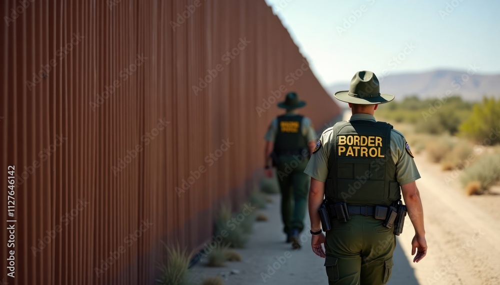 Border patrol officers patrol corrugated metal border wall. Walk along ...