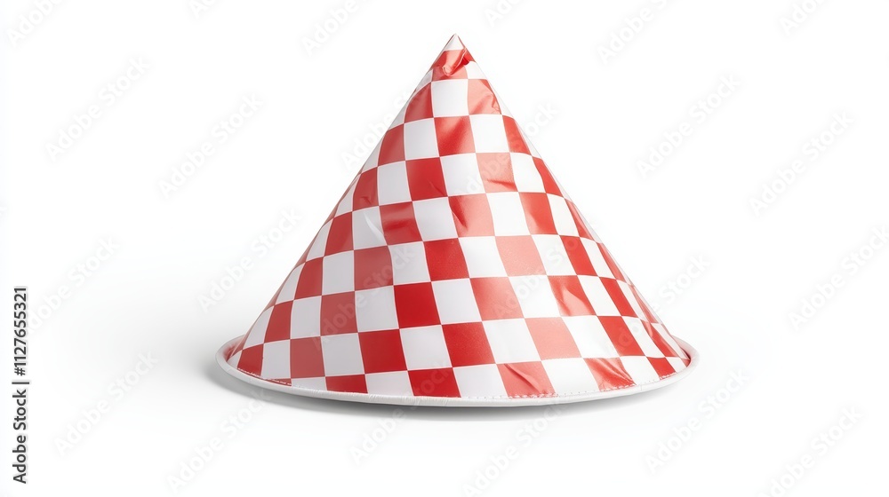 Bold red and white checkered party hat isolated on white, perfectly lit ...