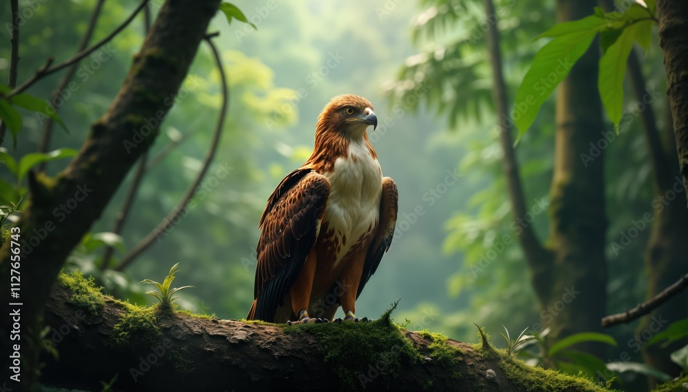 ภาพประกอบสต็อก Majestic Philippine eagle perched on mossy log in rich rainforest. Bird of prey ...