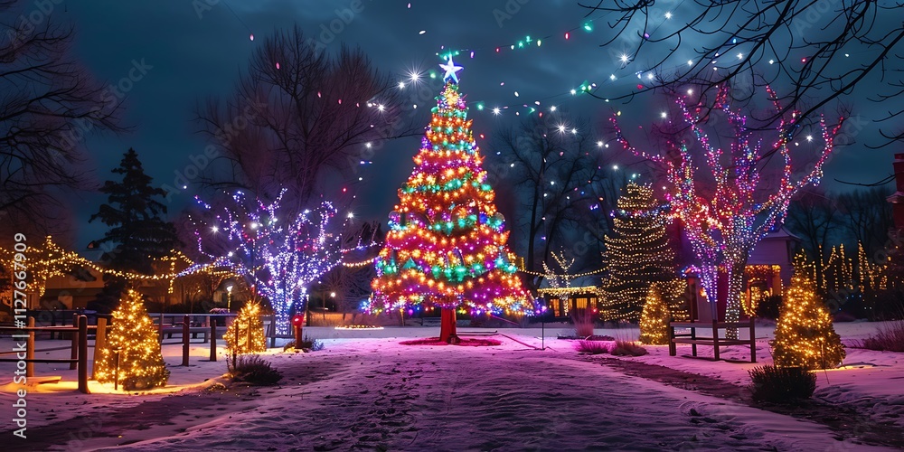 Magical Outdoor Christmas Tree Illuminated by Colorful Lights, Standing ...