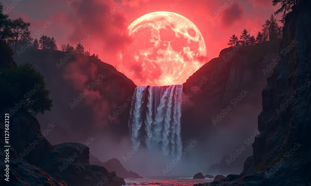 Video of a surrealistic view of an enormous glowing red moon setting ...