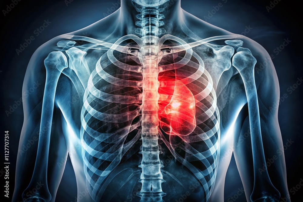 Double Exposure Radiograph of Chest Showing Broken Rib Cage and ...