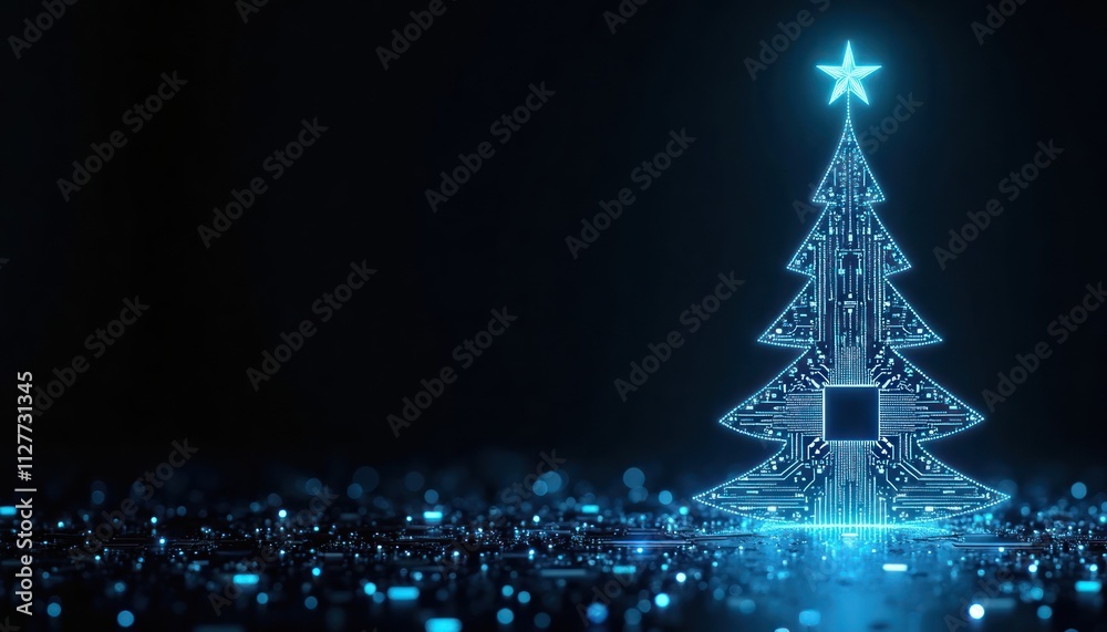 Abstract tech Christmas tree. Luminous blue digital circuit board tech ...