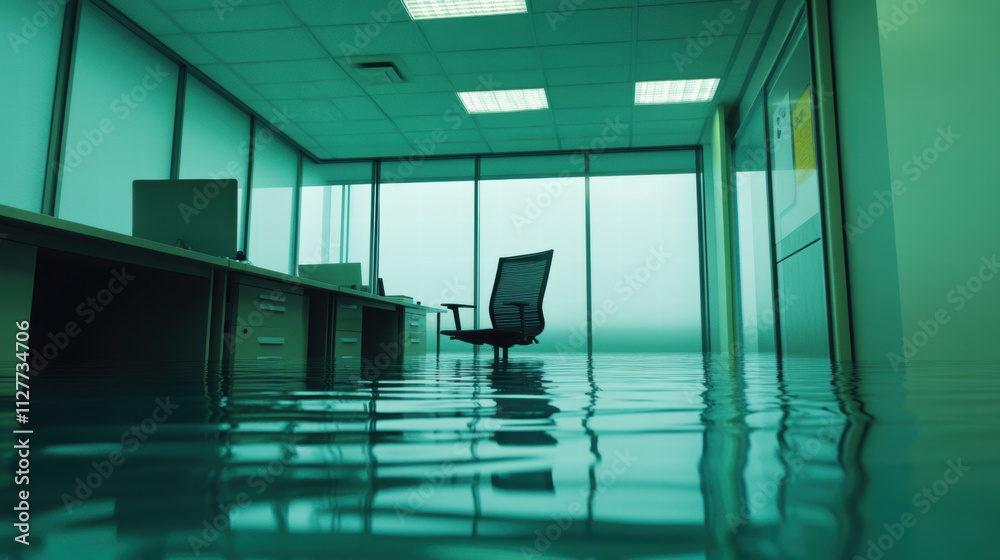 modern office space submerged in water, featuring floating desks and ...