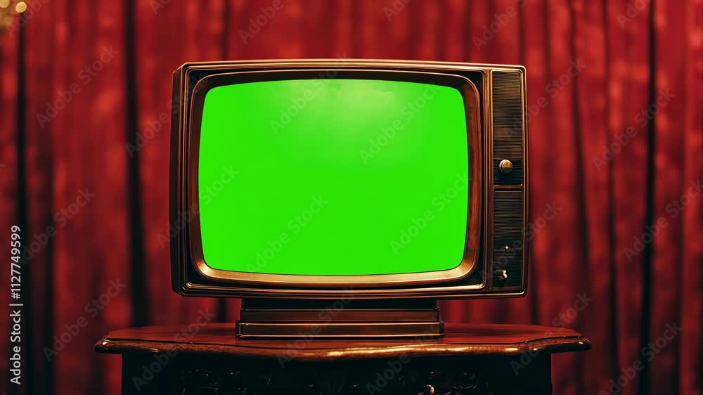 Vintage television showing green screen on red curtain background Stock ...