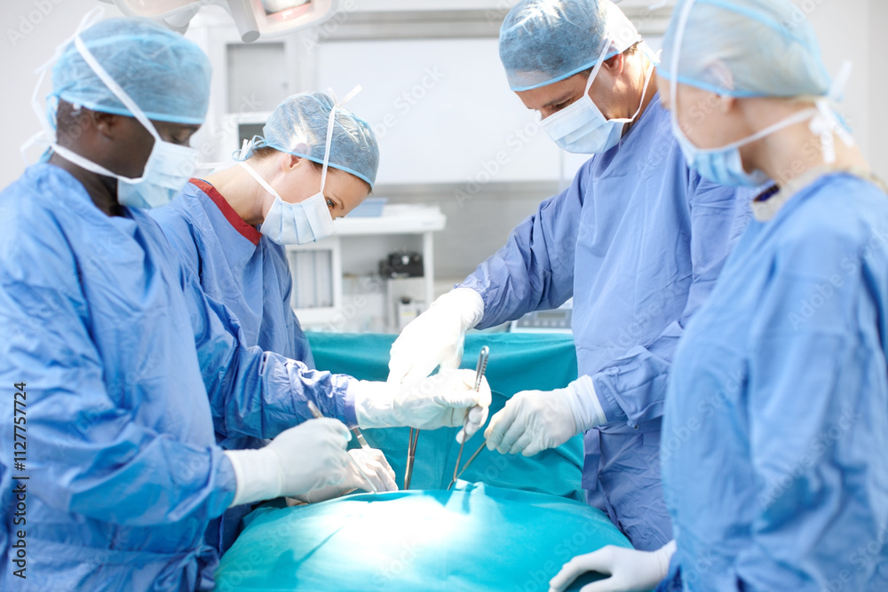 Surgery, team and doctors in operating room together for emergency ...