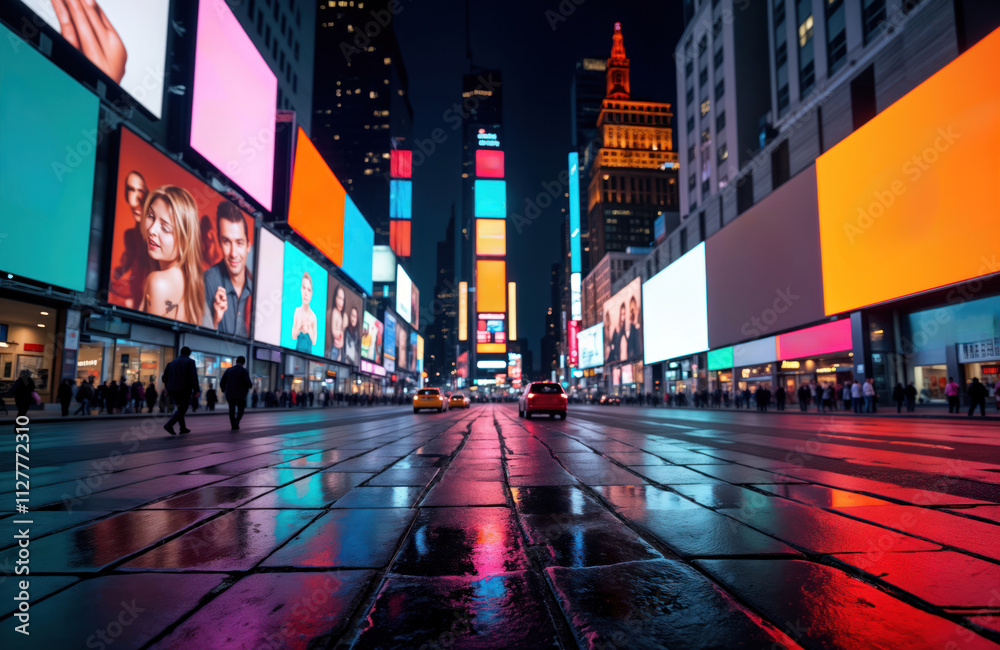 Bustling Times Square at night. Pedestrians and cars move along urban ...