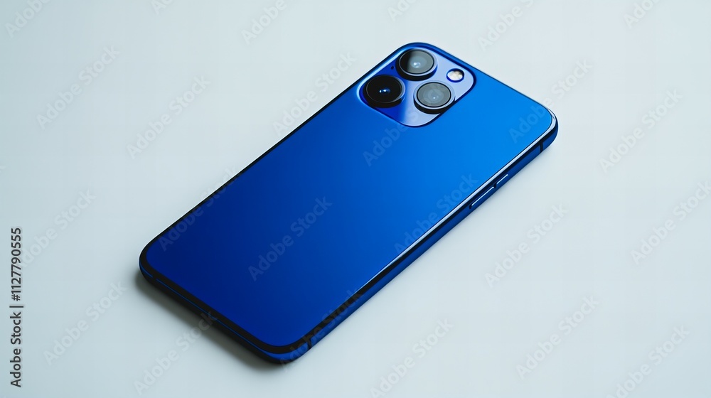 A modern smartphone with a triple-camera module in matte blue finish ...