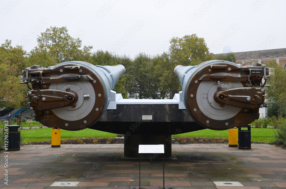 London, England, United Kingdom - October 2024: Royal Navy 15-inch guns ...