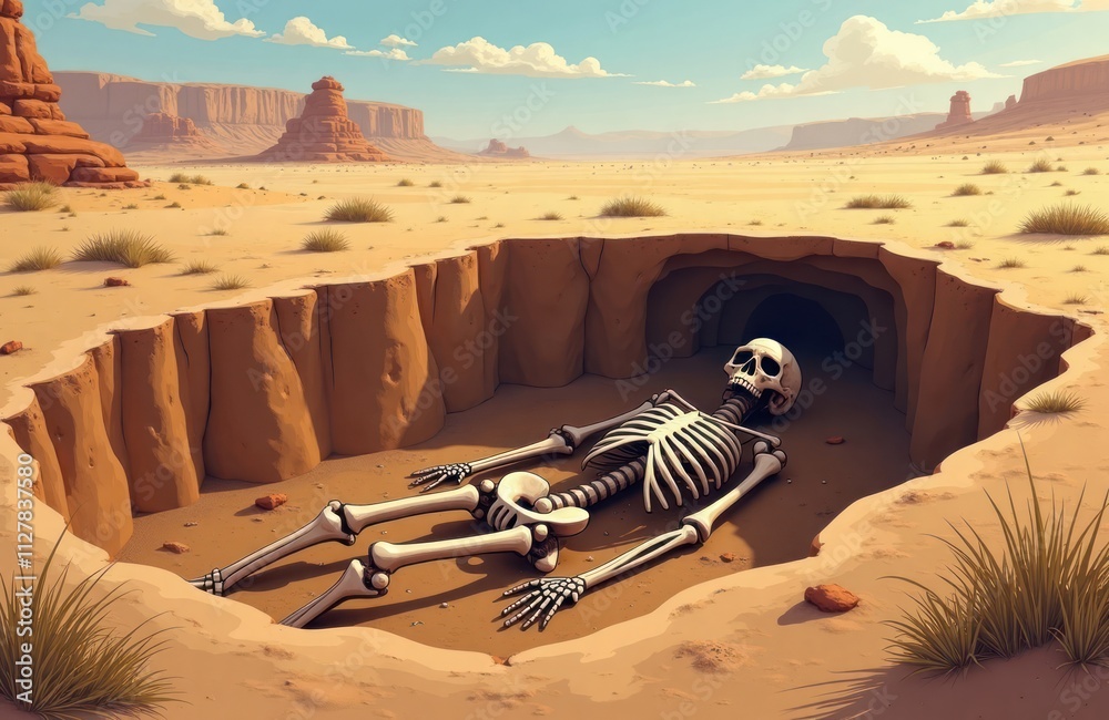 Ancient skeleton lies in shallow grave. Desert landscape shows erosion ...