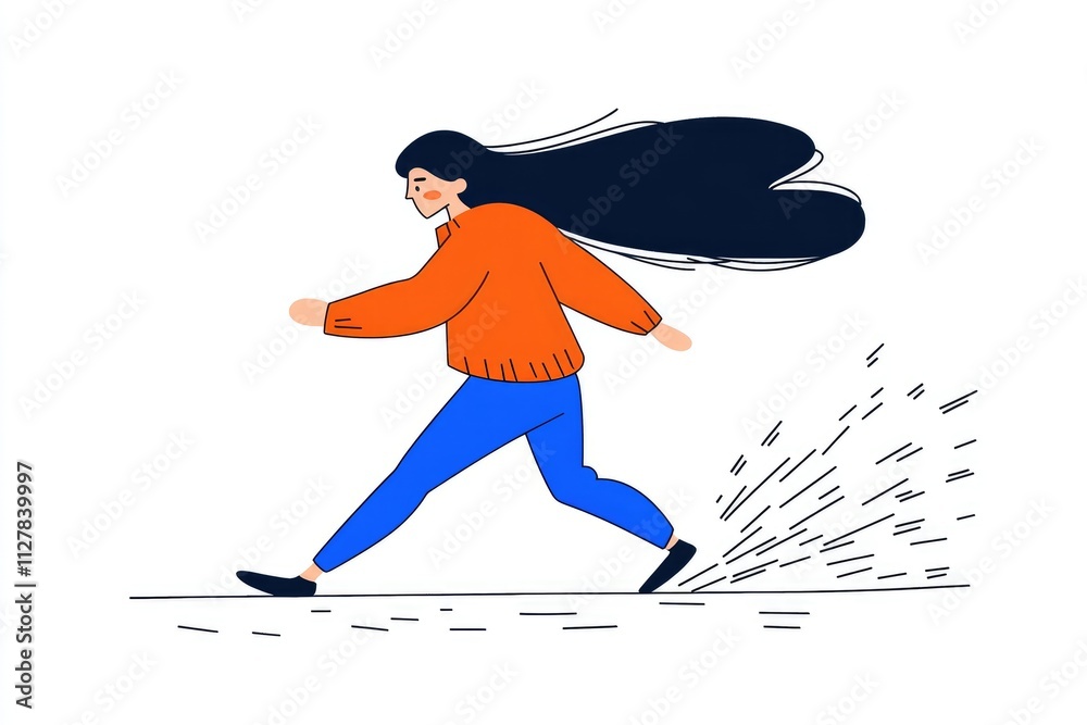 A person moves cautiously on a slippery road, bundled up in an orange ...