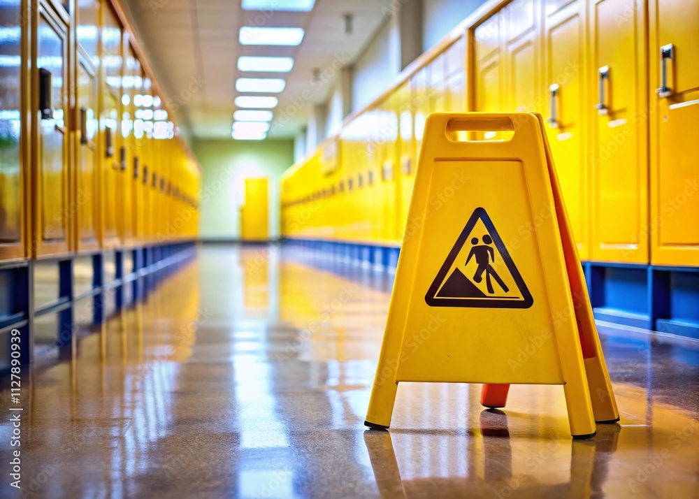 Slippery Caution Sign in School Hallway: Safety Awareness for Students ...