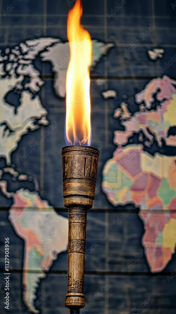 Flame burns brightly from a decorative torch in front of a colorful ...