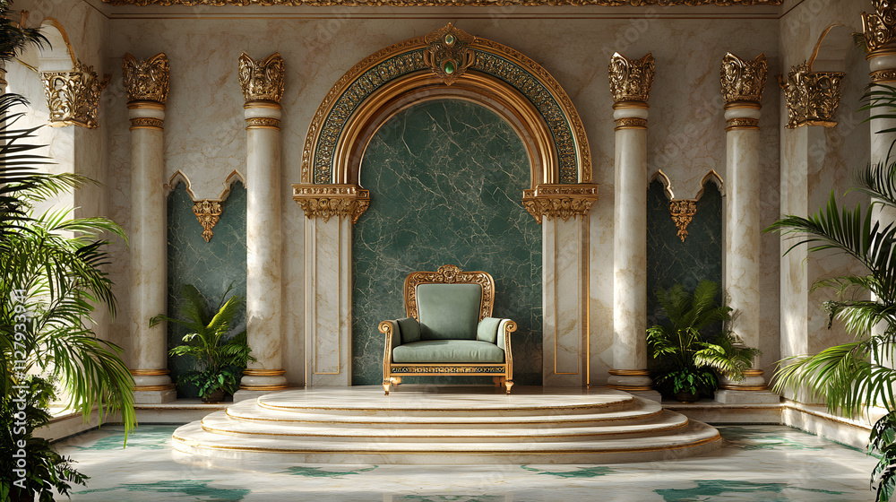 3D rendering of an ancient Egyptian throne room with large golden ...