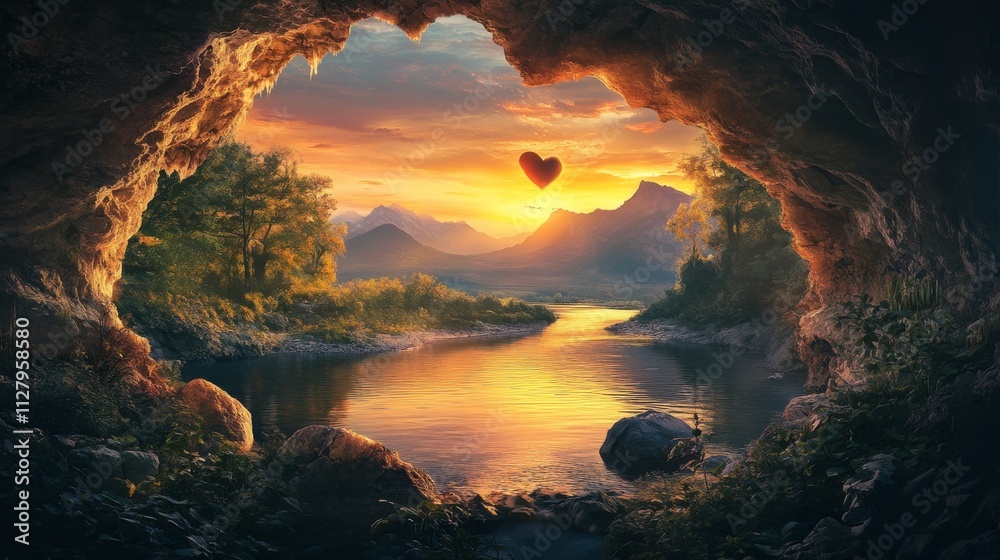 34.Inside a heart-shaped cave with a view of a calm river leading to ...