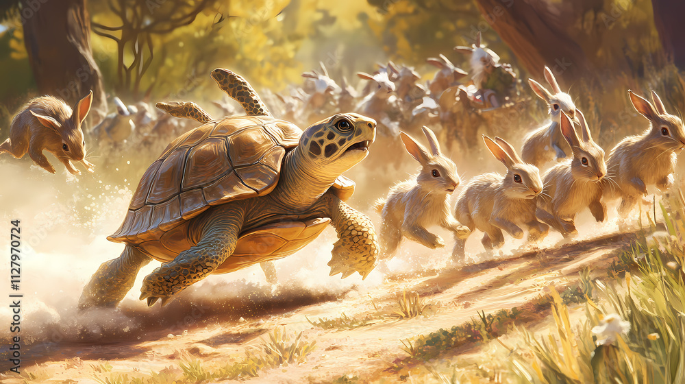 Aesop's fable concept. a turtle leads a pack of racing rabbits, all ...