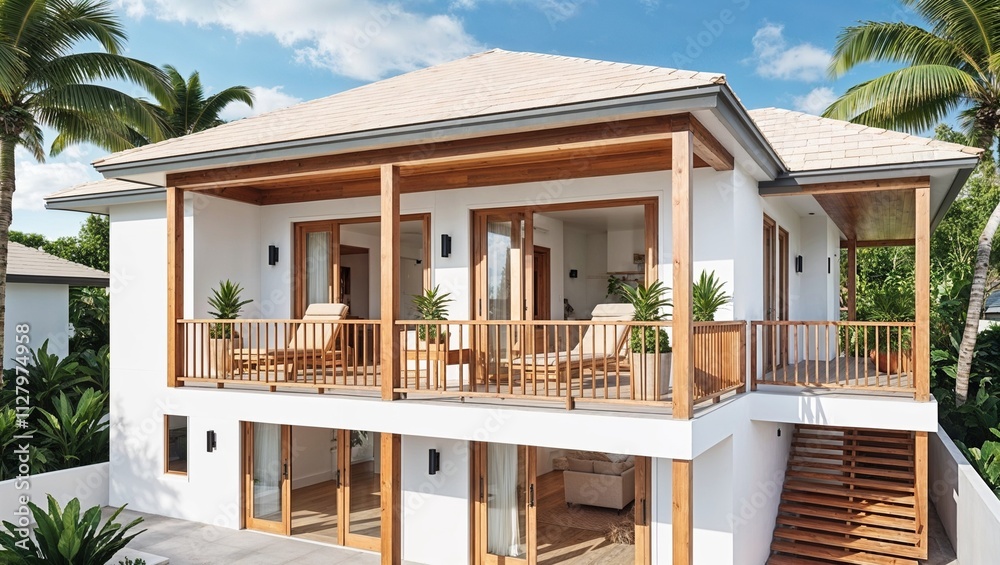 modern, two-story house with a tropical design. The structure features ...