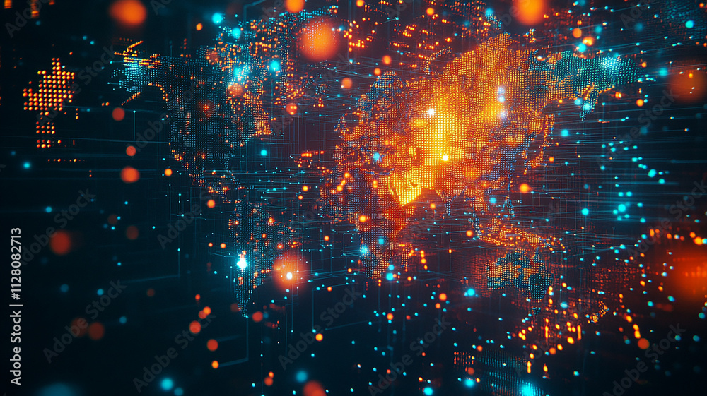 modern business and communication technology concept world map, lights ...