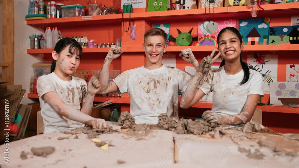 Group of diverse student look and pose at camera while shirt and body ...