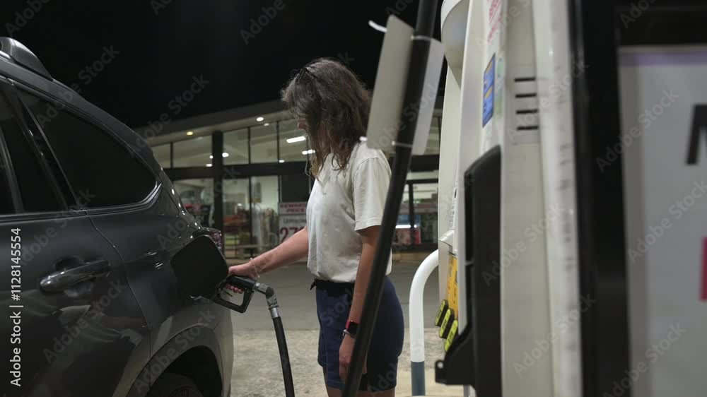 Young woman pumping gas into car at nighttime station young Side view ...