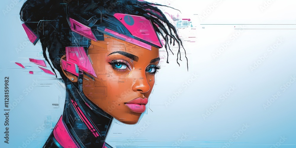 Cyberpunk digital woman portrait in futuristic art. Sci female ...
