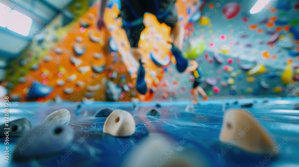 Disoriented blurs of climbers bouldering on a fuzzy surface in an ...